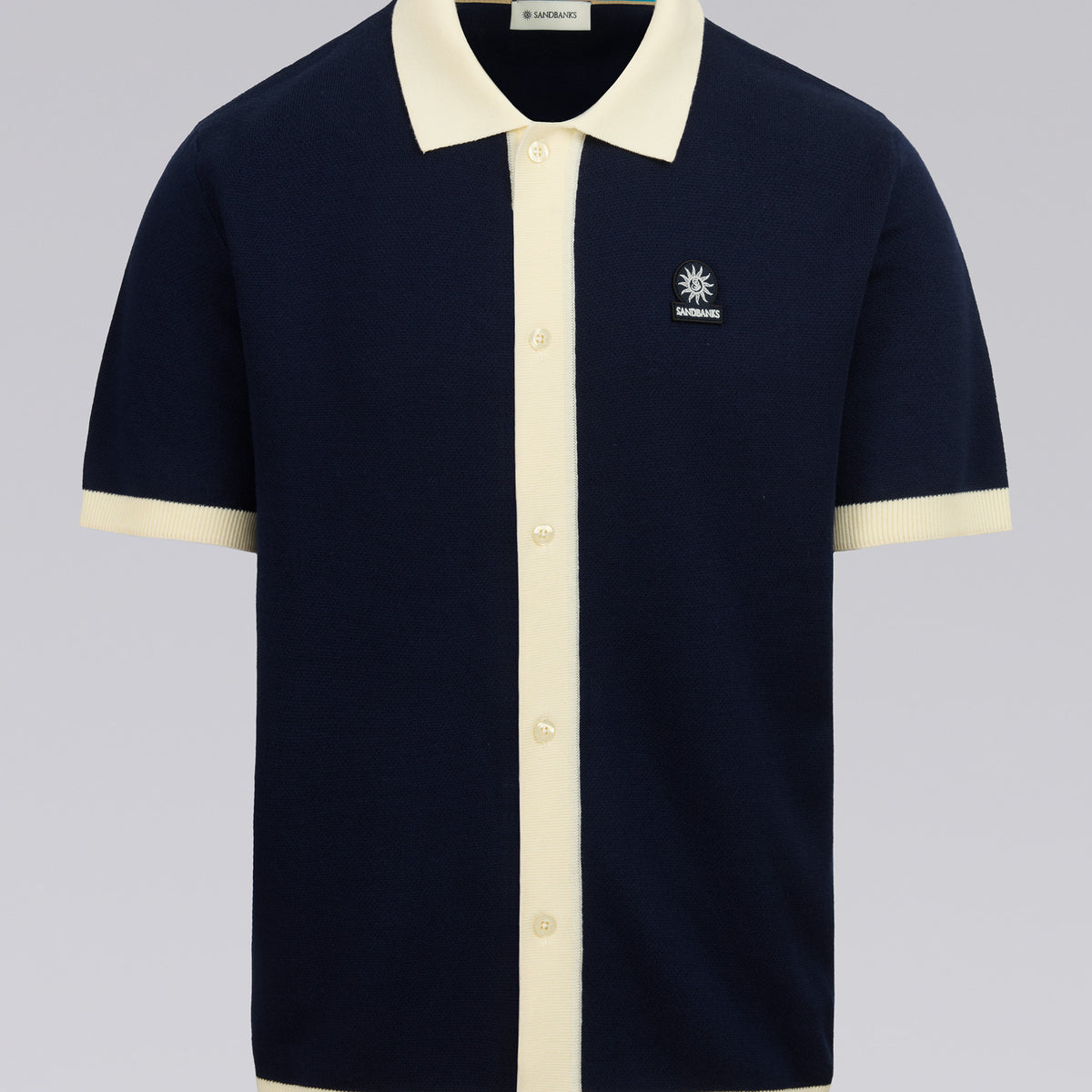 Sandbanks Knitted Full Button Polo Shirt - Navy